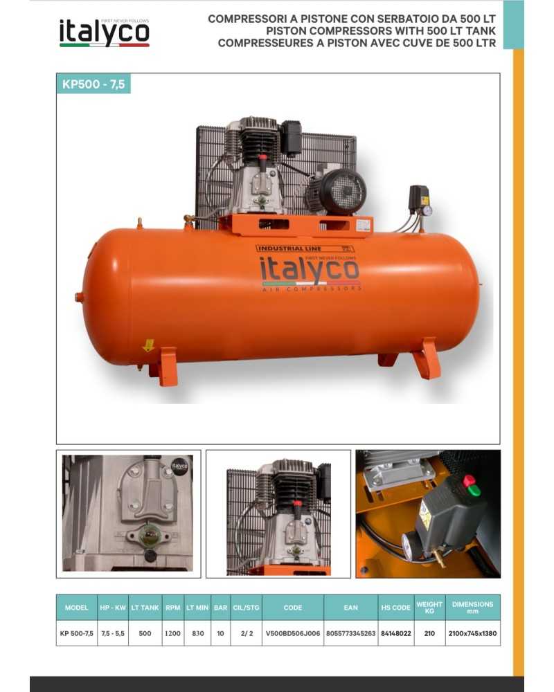 COMPRESSEUR 500.L 5.5 kw 7.5 hp 380.v 10 bar -ITALYCO